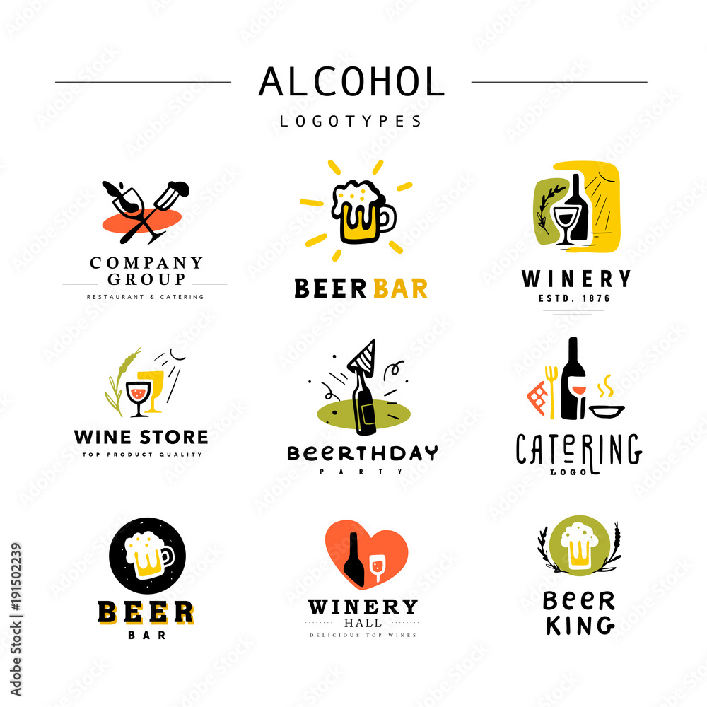 Collection of vector flat alcohol beverages logo set isolated on white ...
