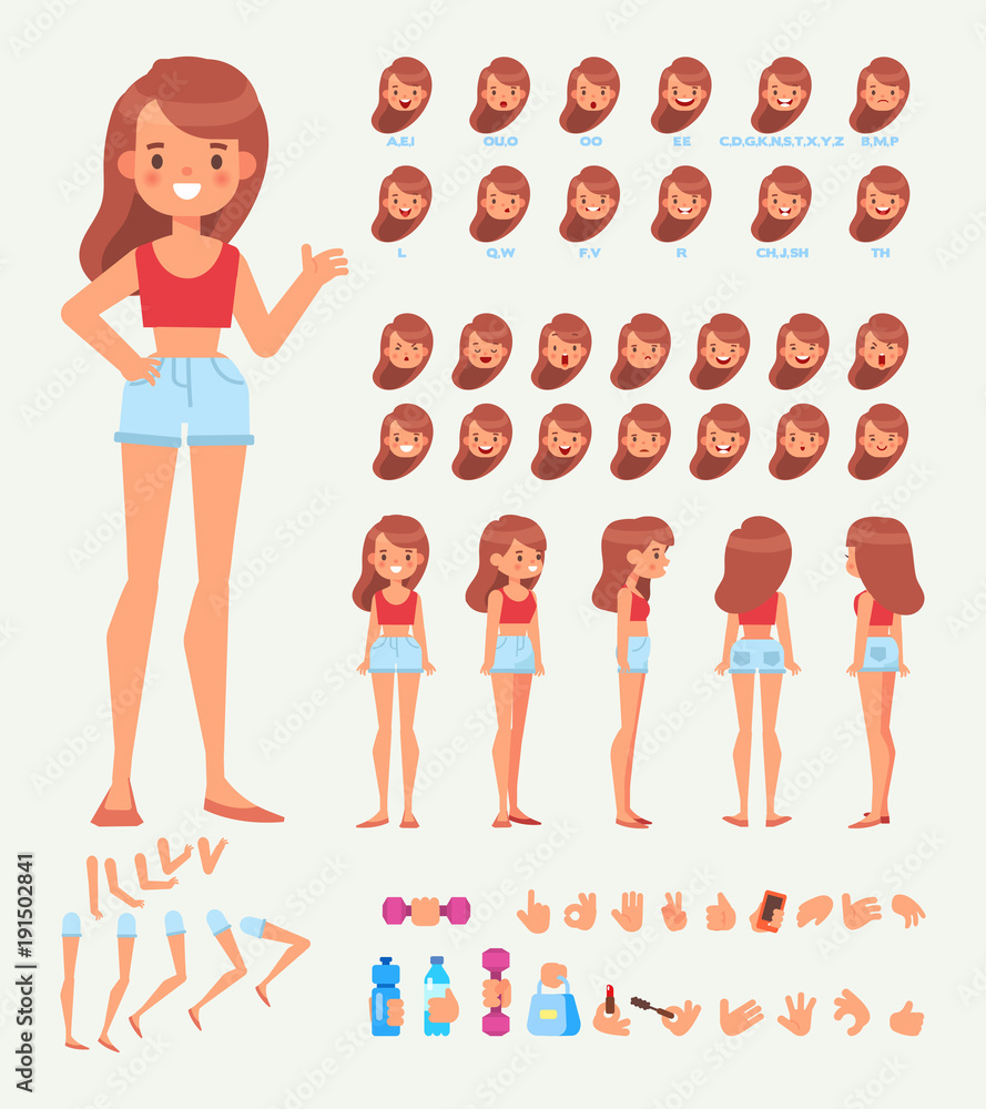 Front, side, back, 3/4 view animated character. Young girl character ...