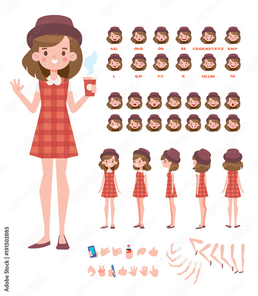 Front, side, back, 3/4 view animated character. Young girl character ...