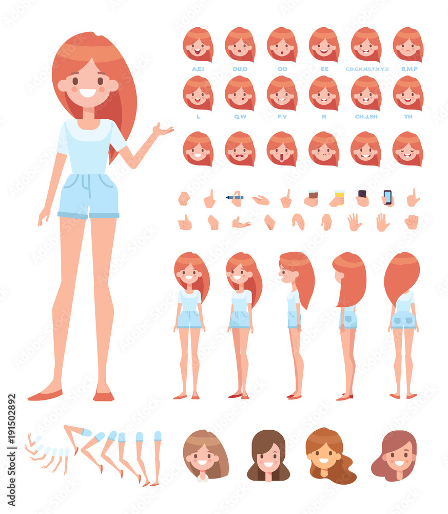 Front, side, back, 3/4 view animated character. Young girl character ...