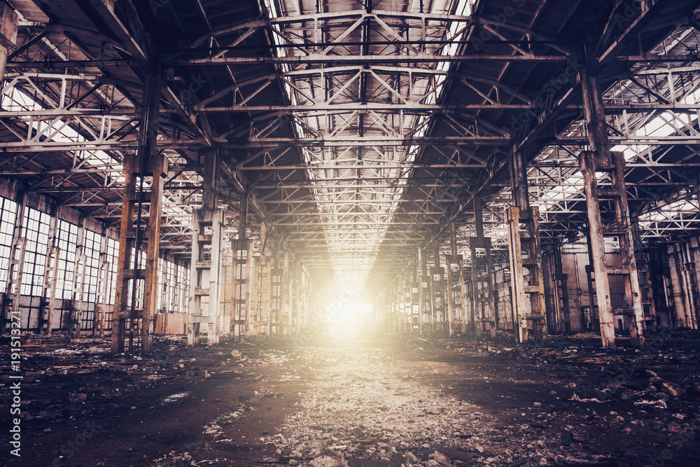 Abandoned ruined industrial factory building, ruins and demolition ...