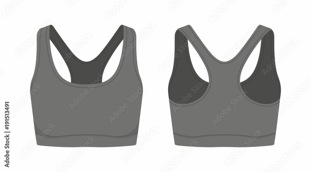 Front and back views of women's black sport bra on white background ...