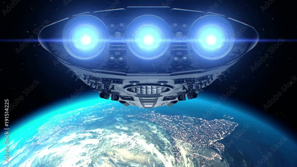 Alien spaceship approaching Earth. Bright engines flashing, 3d ...