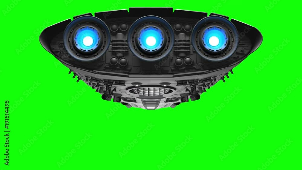 Alien spaceship on green screen. Bright engines flashing, 3d animation ...