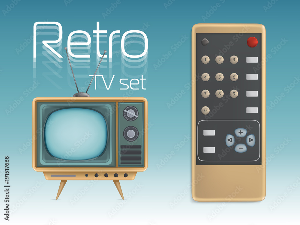 Retro TV set and remote control vector illustration. Vintage screen ...