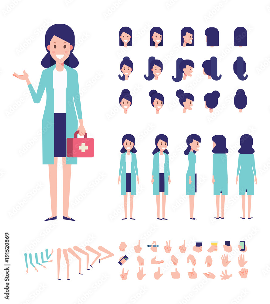 Front, side, back view animated character. Female doctor character ...