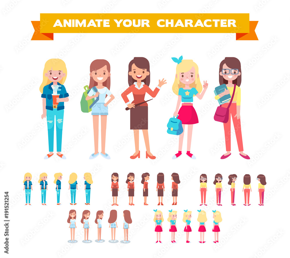Front, side, back view animated female characters. Cartoon style, flat ...