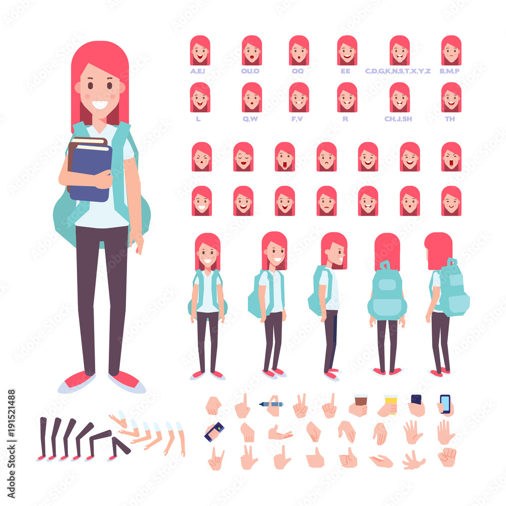 Front, side, back view animated character. Student girl character ...