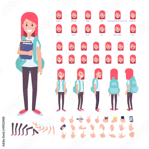 Front, side, back view animated character. Student girl character ...