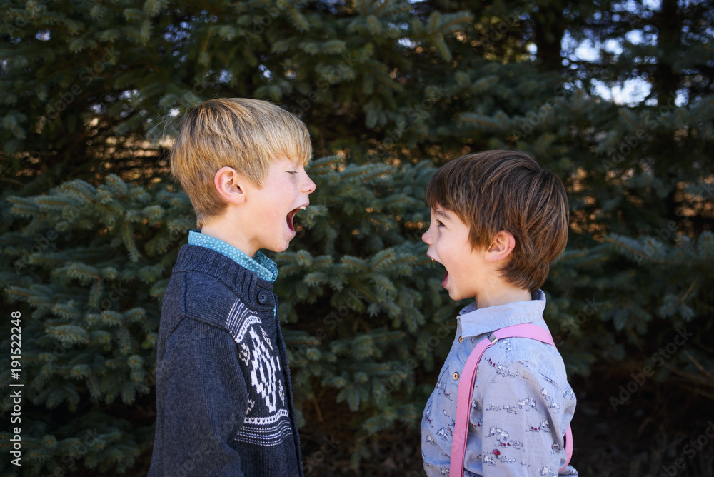Two boys standing opposite each other with their mouths open shouting ...