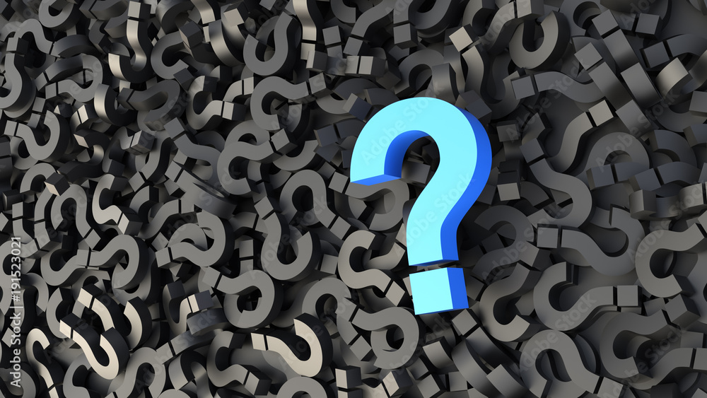 A lot of black question marks background with big blue question. 3D ...