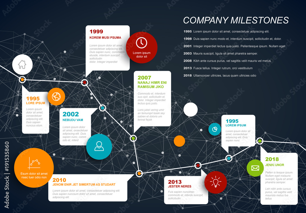 Dotted Timeline Infographic with Speech Bubbles and Intersecting Line ...