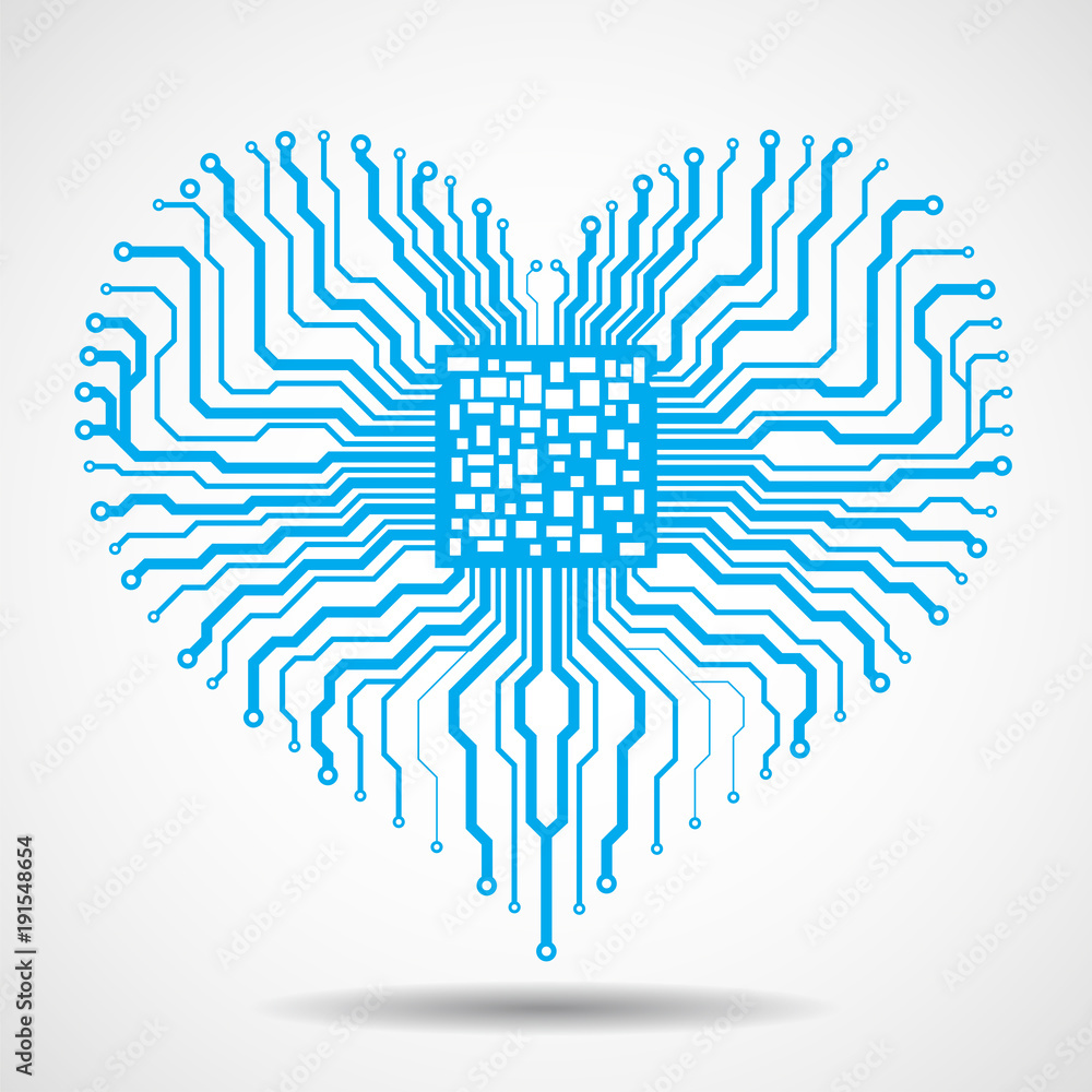 Abstract electronic circuit board with cpu in shape of heart ...