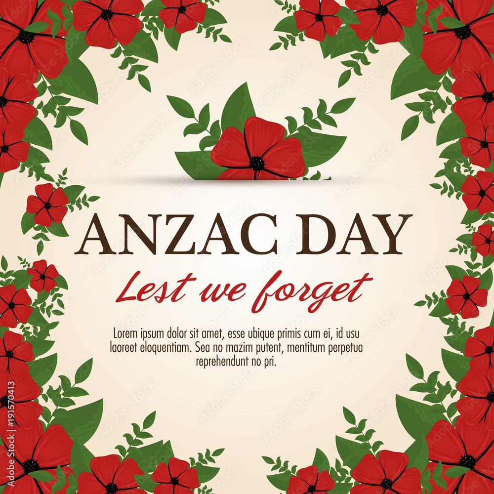 Poster anzac day poster with red poppy flower and text Lest we forget ...