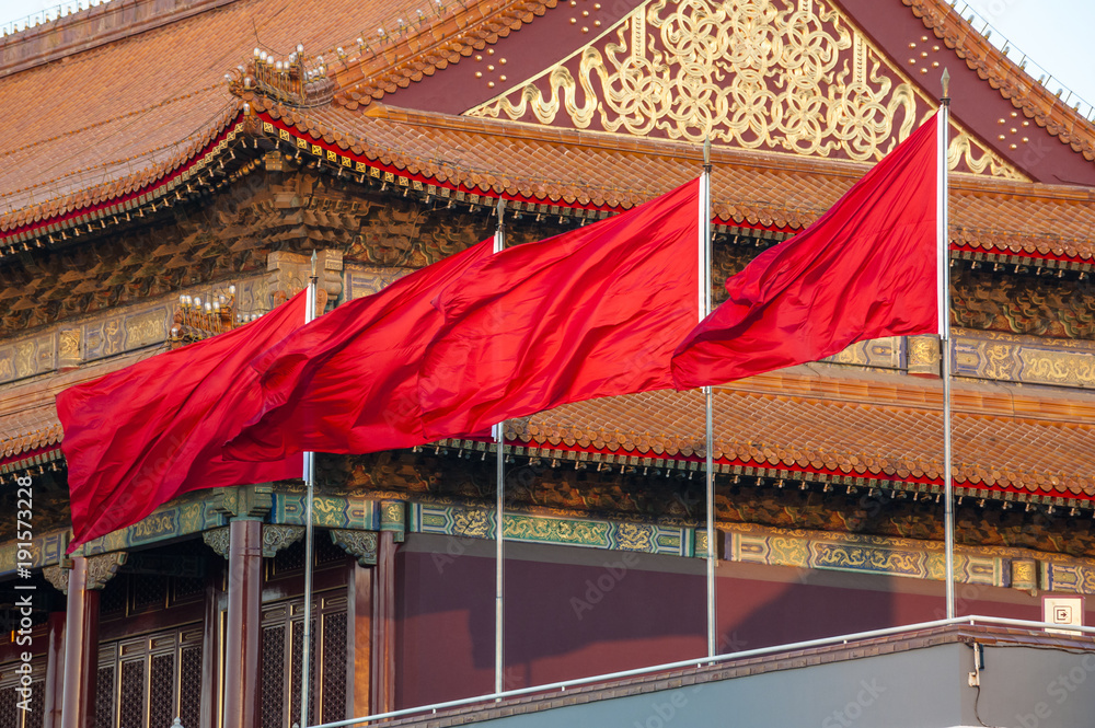 Red flags in Tiananmen tower Stock Photo | Adobe Stock