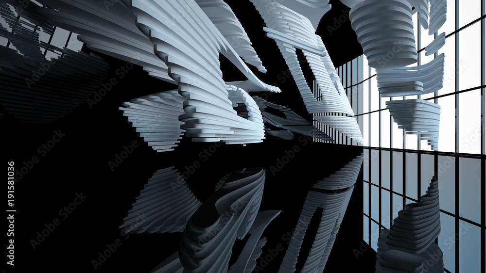 Abstract white and black parametric interior with window. 3D ...