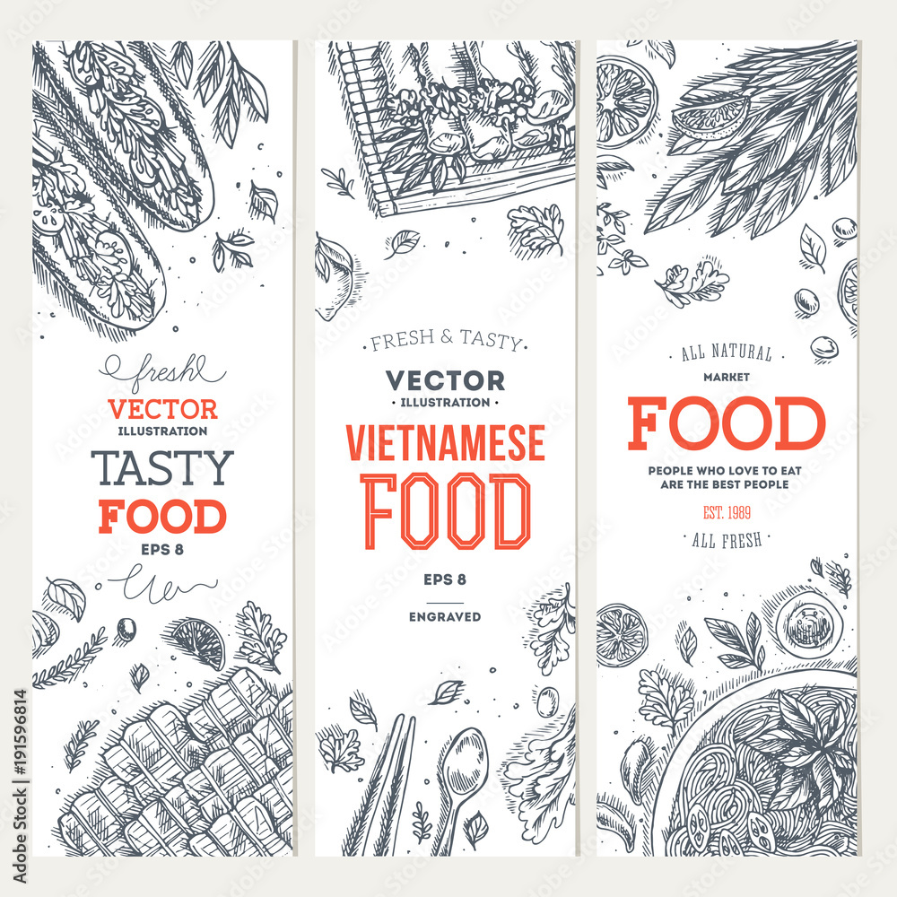 Vietnamese food banner collection. Linear graphic. Vector illustration ...