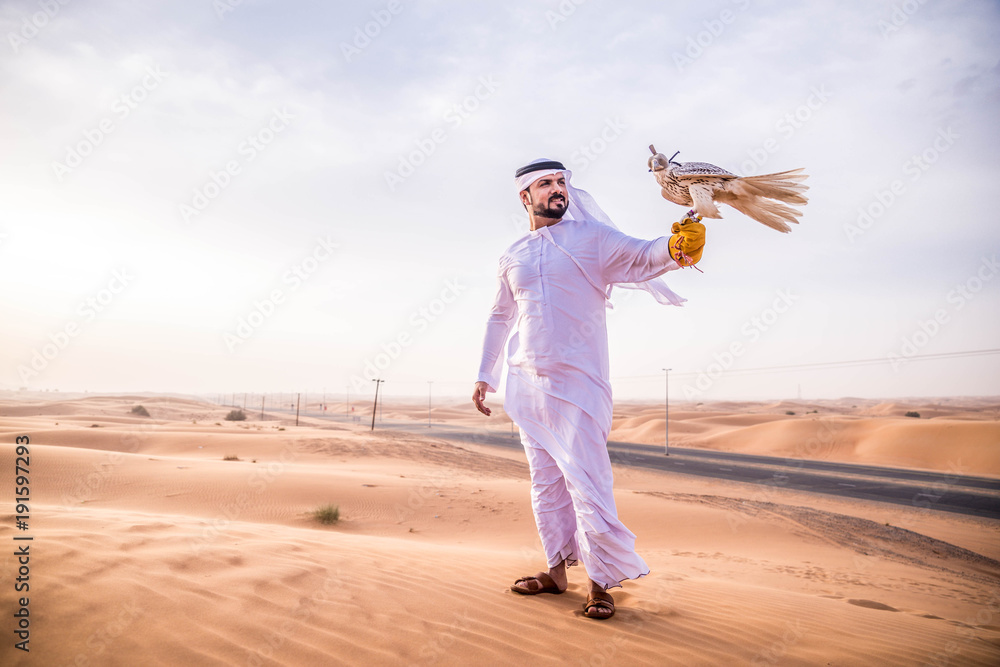 Arabic man in the desert with his hawk Stock Photo | Adobe Stock
