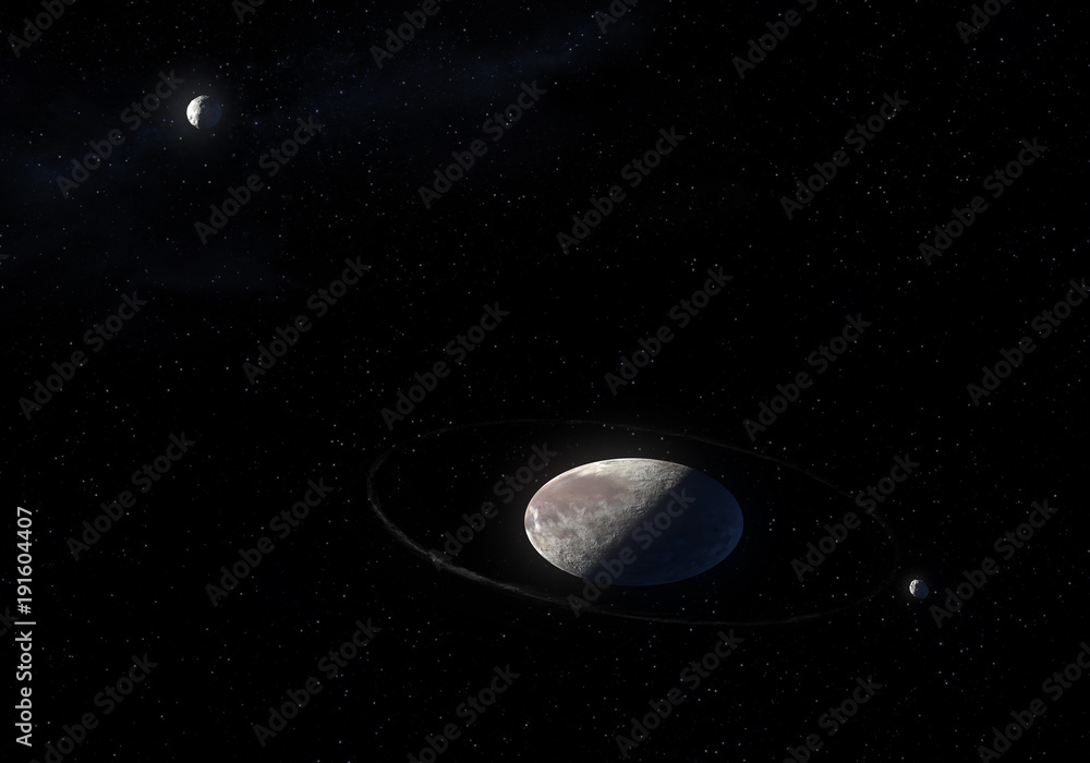 Artwork of Haumea ellipsoidal dwarf planet with rings in the Kuiper ...