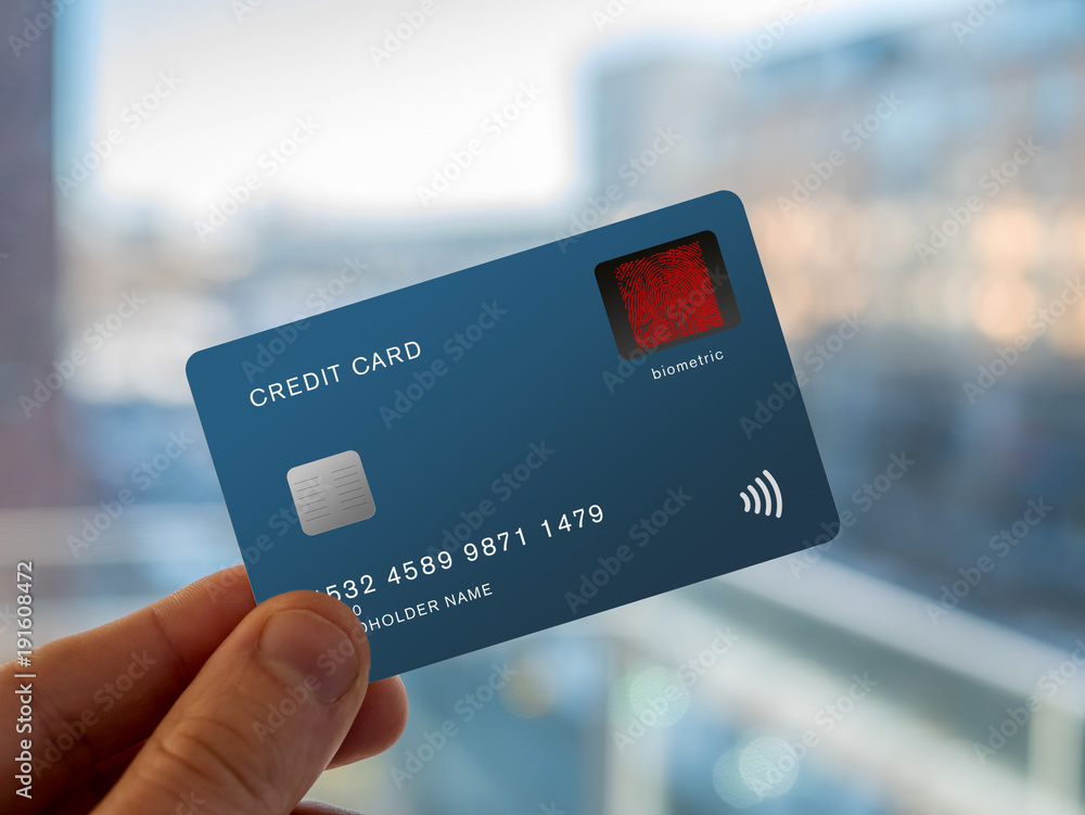 Credit card with a fingerprint sensor, biometric verification. Stock ...