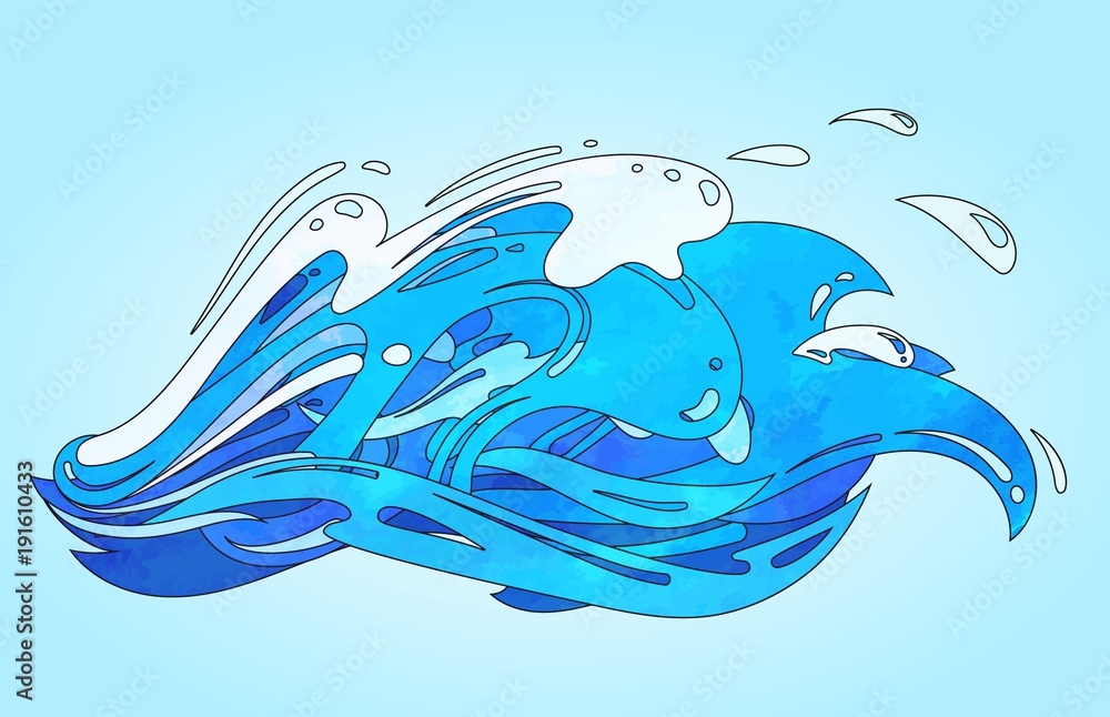 cartoon blue wave with a drops and splashes, vector illustration Stock ...