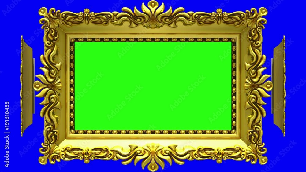 Ornate gold picture frames rotate in a circle on blue background ...