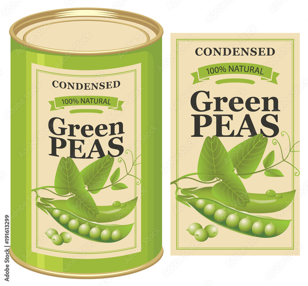 Vector illustration of tin can with a label for canned green peas with ...