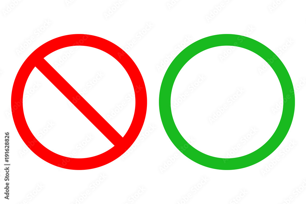 NO SIGN, YES SIGN. Crossed out red circle and green circle icons ...