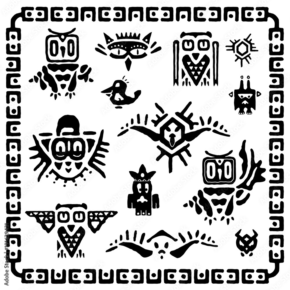 Set of tribal owls. Ancient maya elements and symbols. Black and white ...
