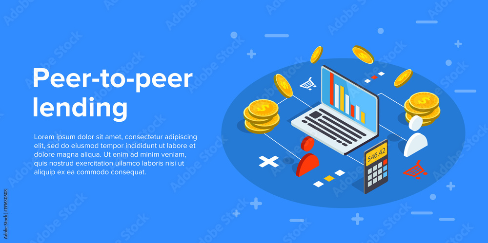 Peer-to-peer lending vector business illustration in isometric design ...