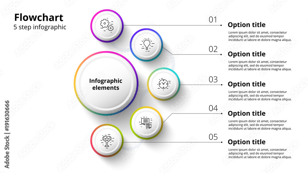 Business process chart infographics with 5 step segments. Circular ...