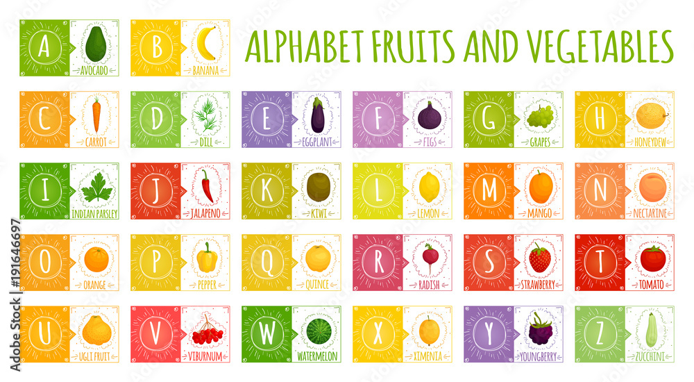 Vector alphabet with fruits and vegetables. Letters for children. To ...