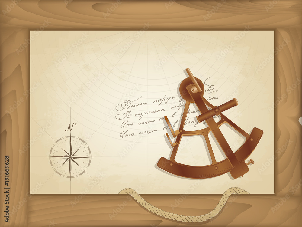 vector sea background. an old map in a wooden frame. bronze sextant ...