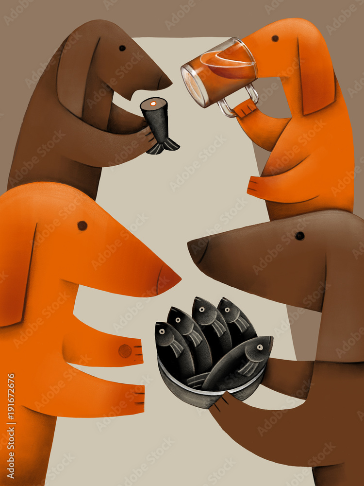 Dogs dining at table Stock Illustration | Adobe Stock