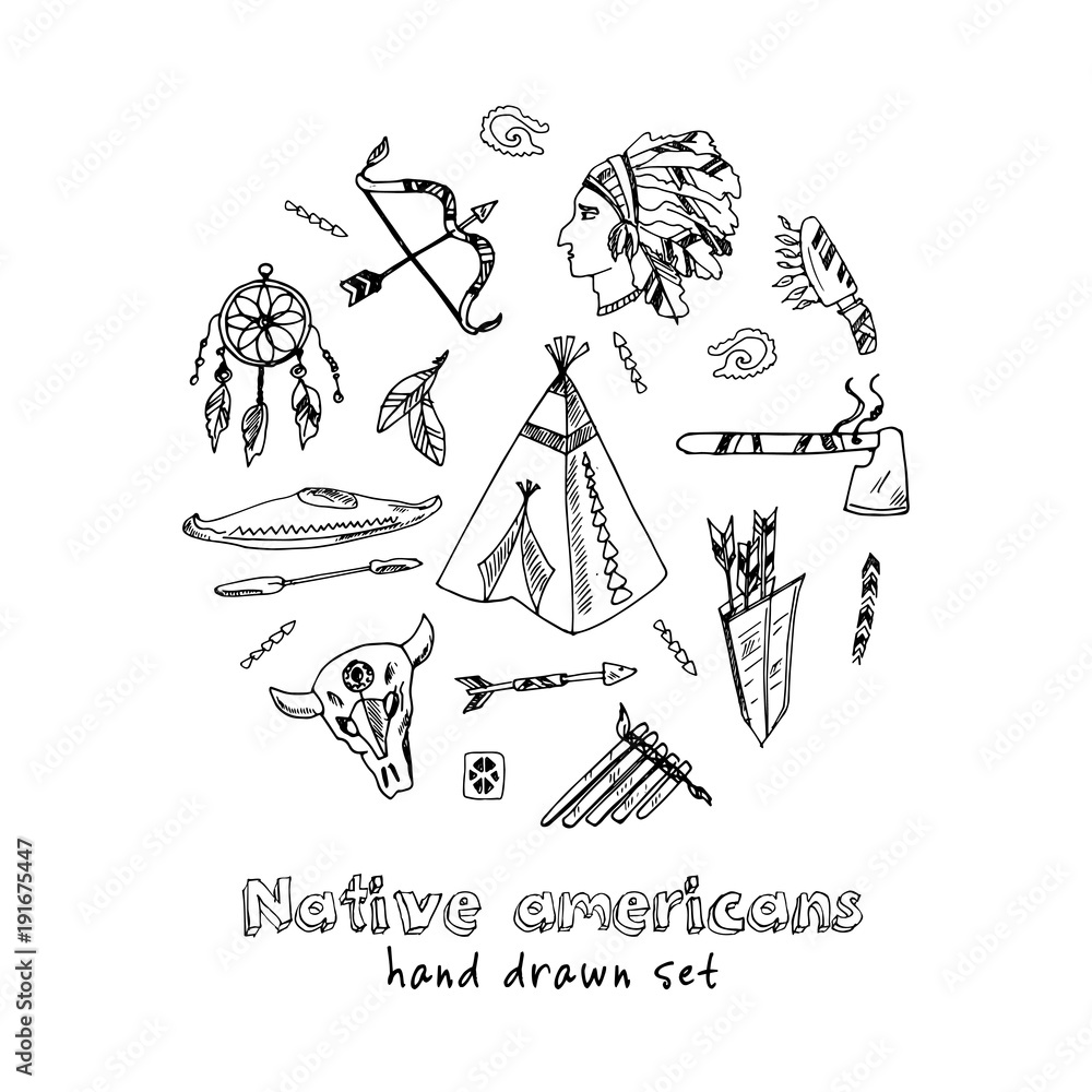 Hand drawn doodle native americans set. Stock Vector | Adobe Stock