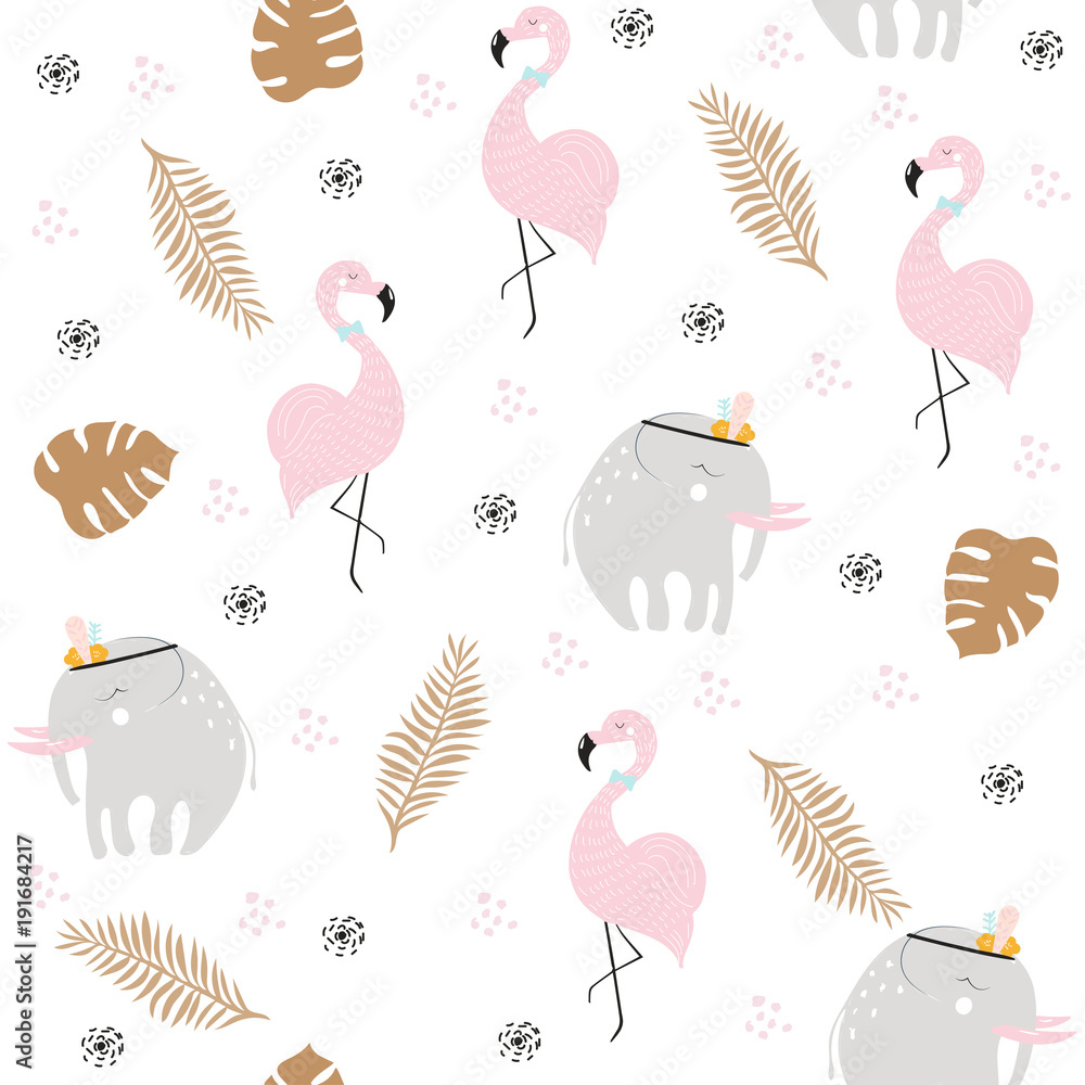 Cute pastel seamless pattern with African animals and gold tropical ...