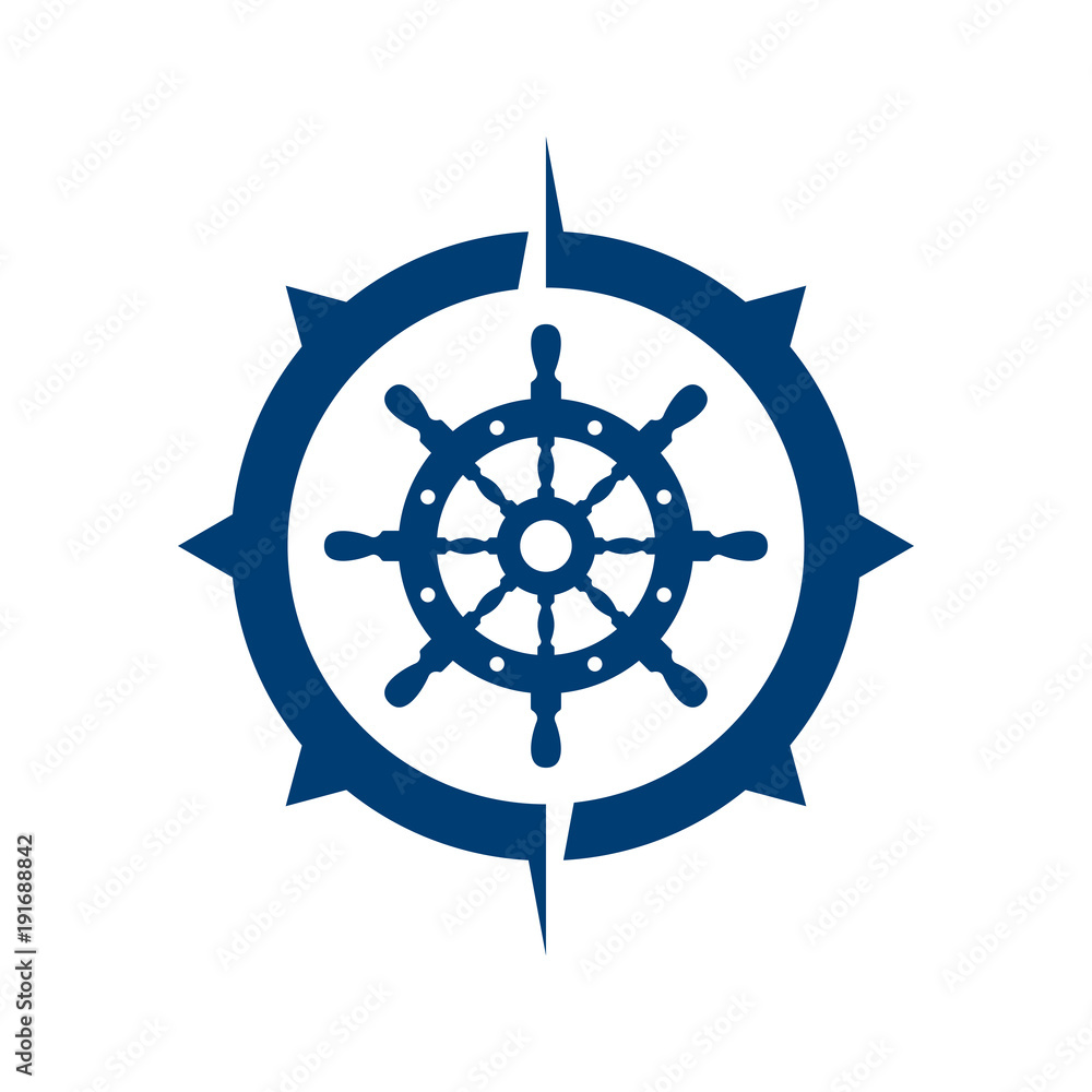 Icono plano timon en brujula azul en fondo blanco vector de Stock ...