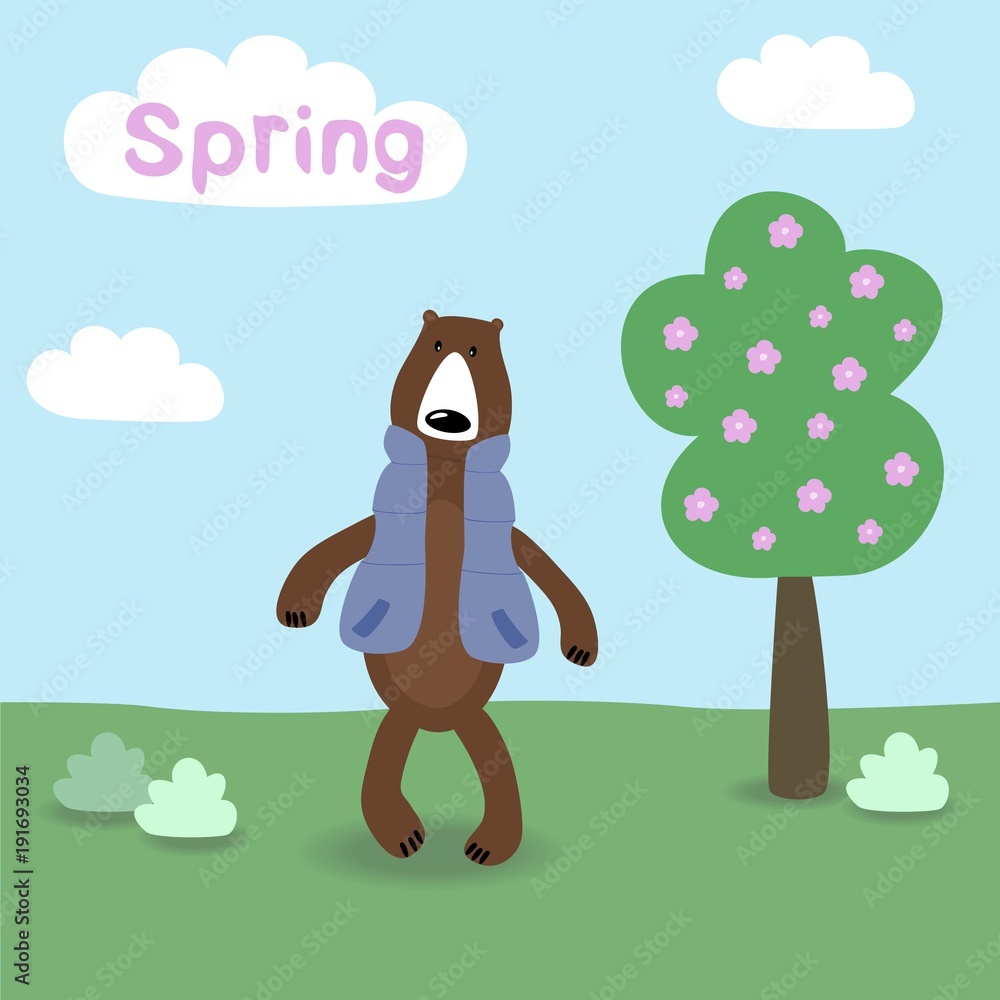Cartoon bear on spring background. Stock Vector | Adobe Stock