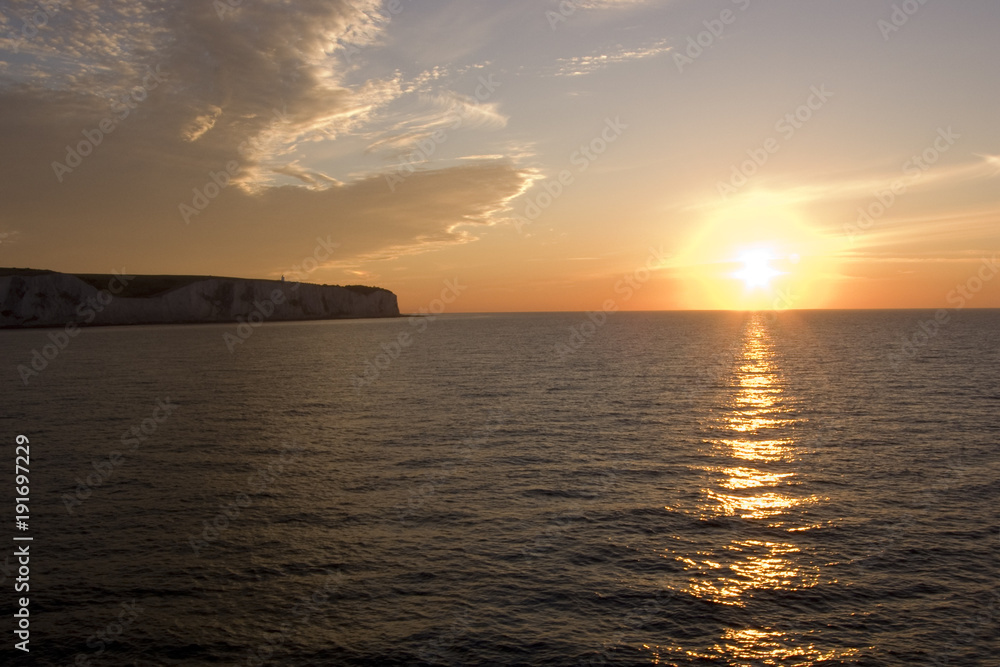 White cliffs of Dover sunrise from a cross channel ferry Stock Photo ...