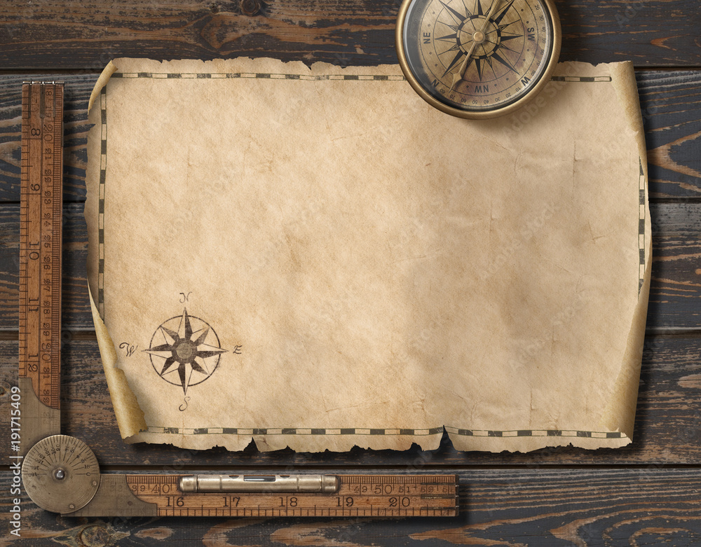 Old blank map background with compass. Adventure and travel concept. 3d ...