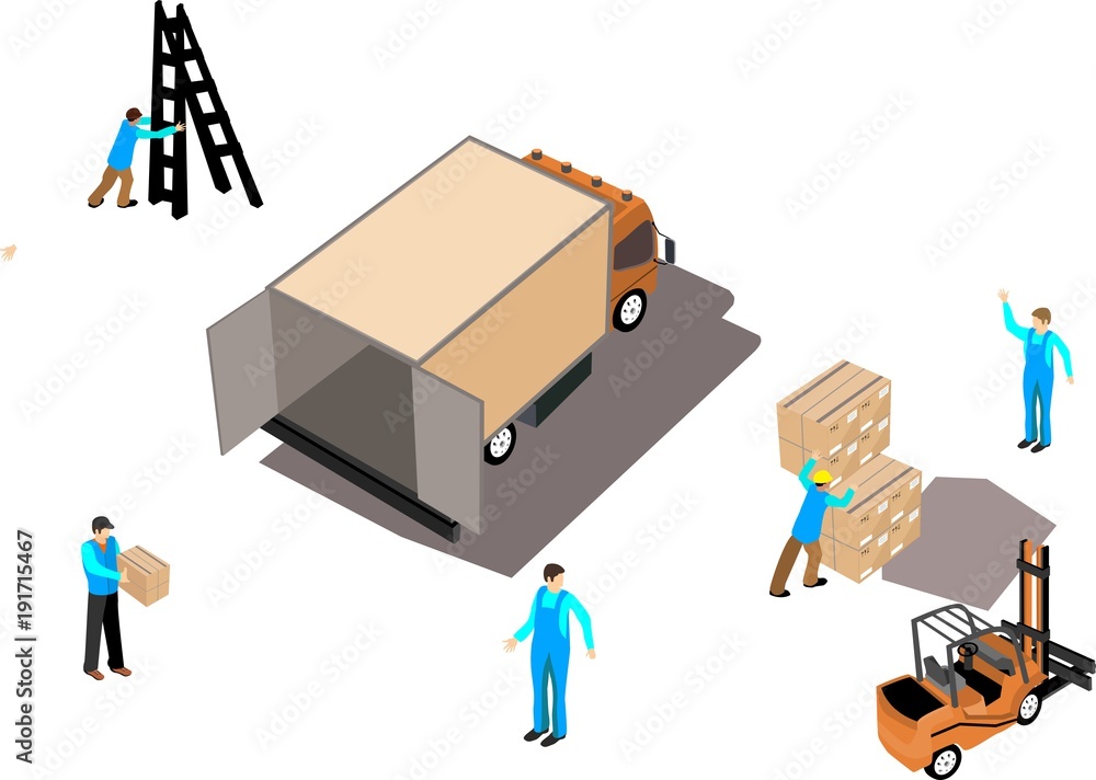 3d isometric process of loading of mail cargoes. Small Isometric truck ...