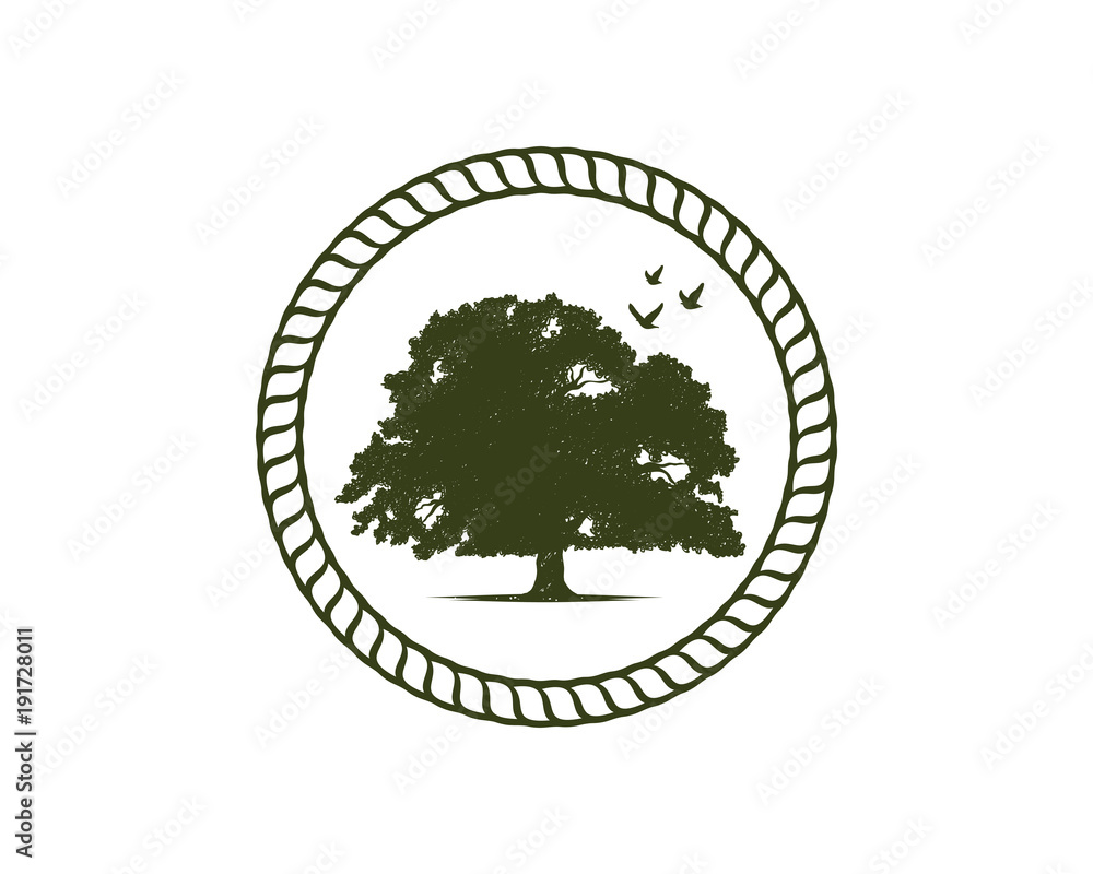 Classic Circle and Green Oak Tree with Flying Bird Illustration Hand ...