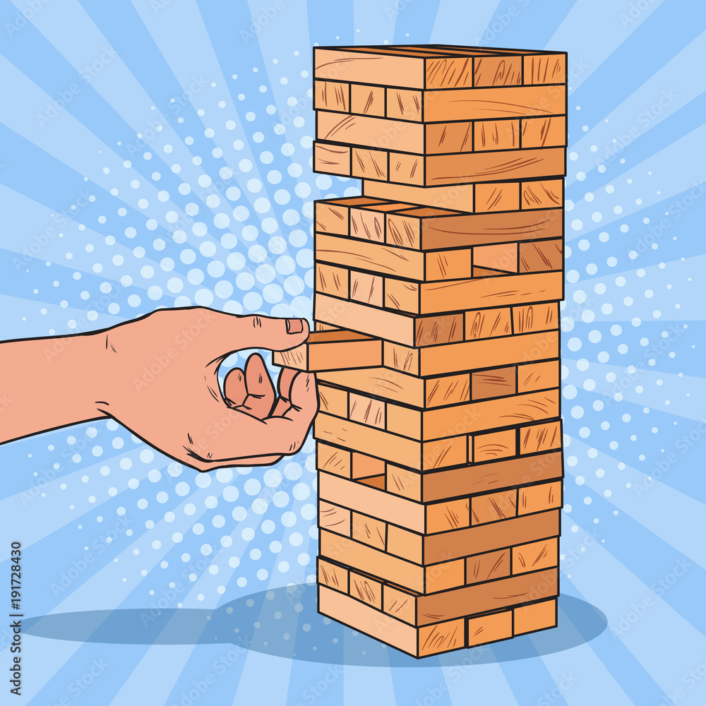 Pop Art Male Hand Pulls out Wooden Block in Table Game. Vector ...