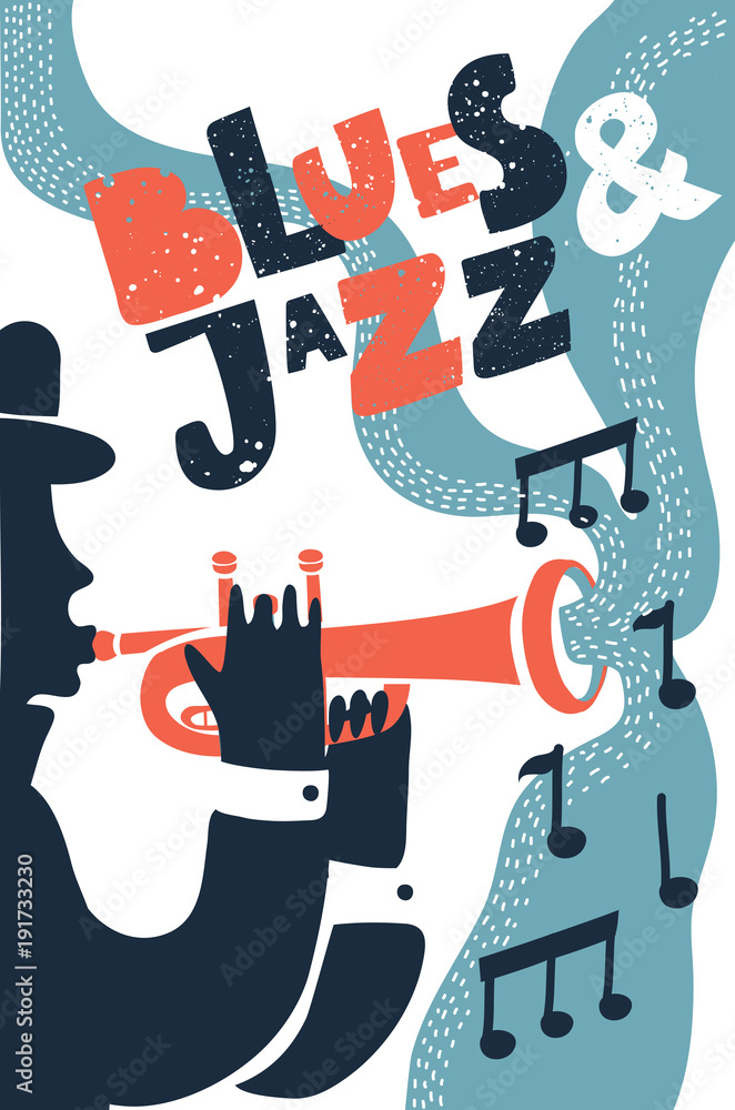 Jazz music, vector poster background template. Illustration of a man ...