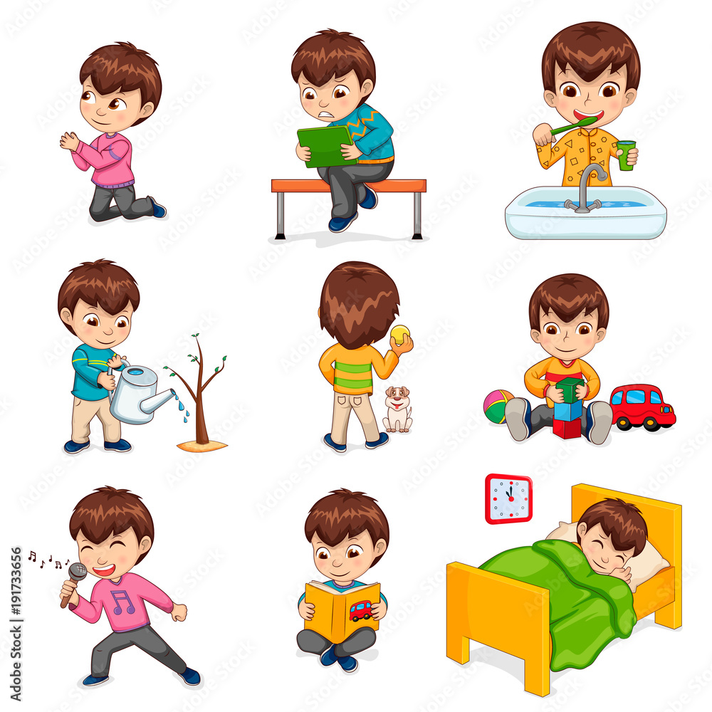 Boy Does Daily Routine Actions Illustrations Set Stock Vector | Adobe Stock