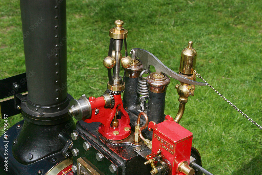 Steam control gear and whistle on model traction engine. Stock Photo ...