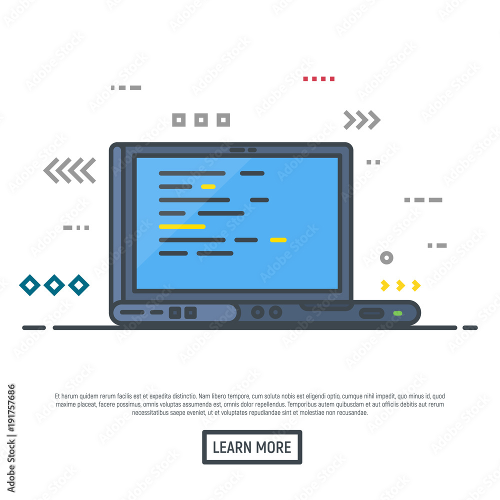 Laptop with programming language interface. Coding banner illustration. Time schedule management ...