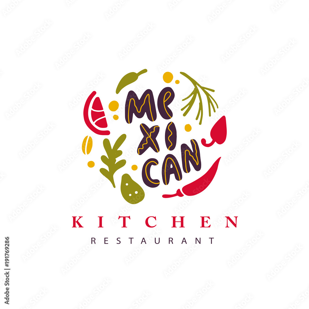 Vector hand drawn mexican food restaurant logo with vegetables, spice ...