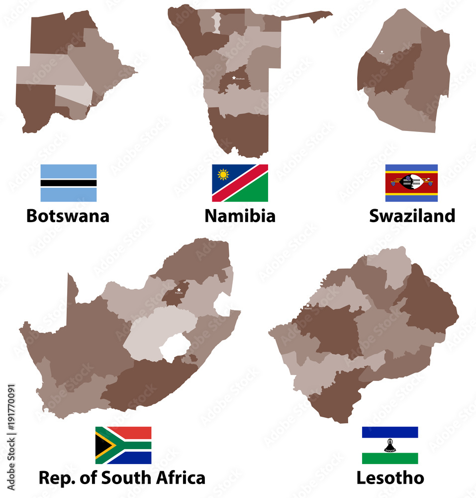 Southern Africa countries with administrative divisions (regions ...