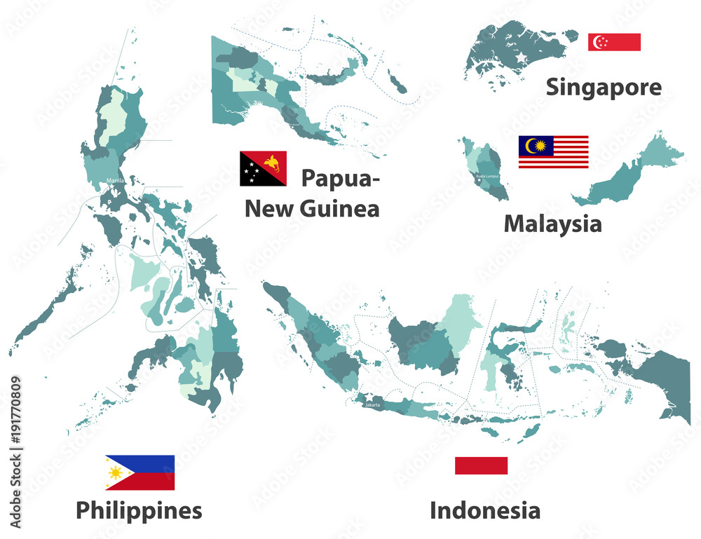 asian countries with administrative divisions (regions borders) vector ...